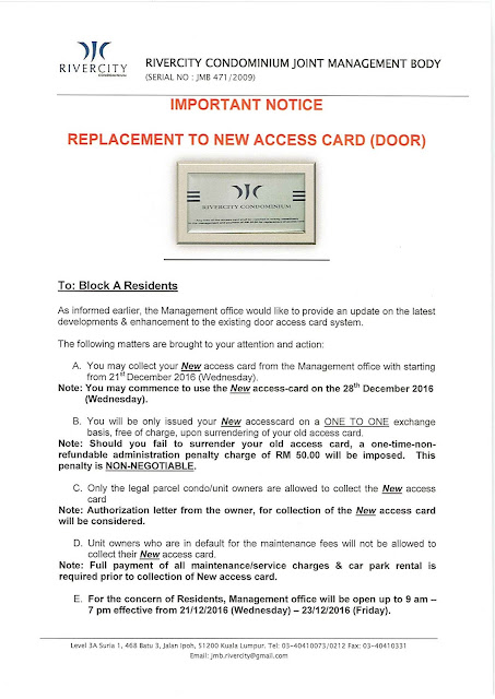 MyRiverCity: Replacement to New Access Card ( Door ) BLOCK A