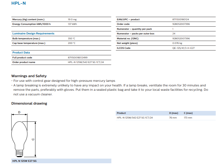 PHILIPS - HPL-N 125W/542 E27 SG 1CT/24 | DISTRIBUTOR RESMI LAMPU ...