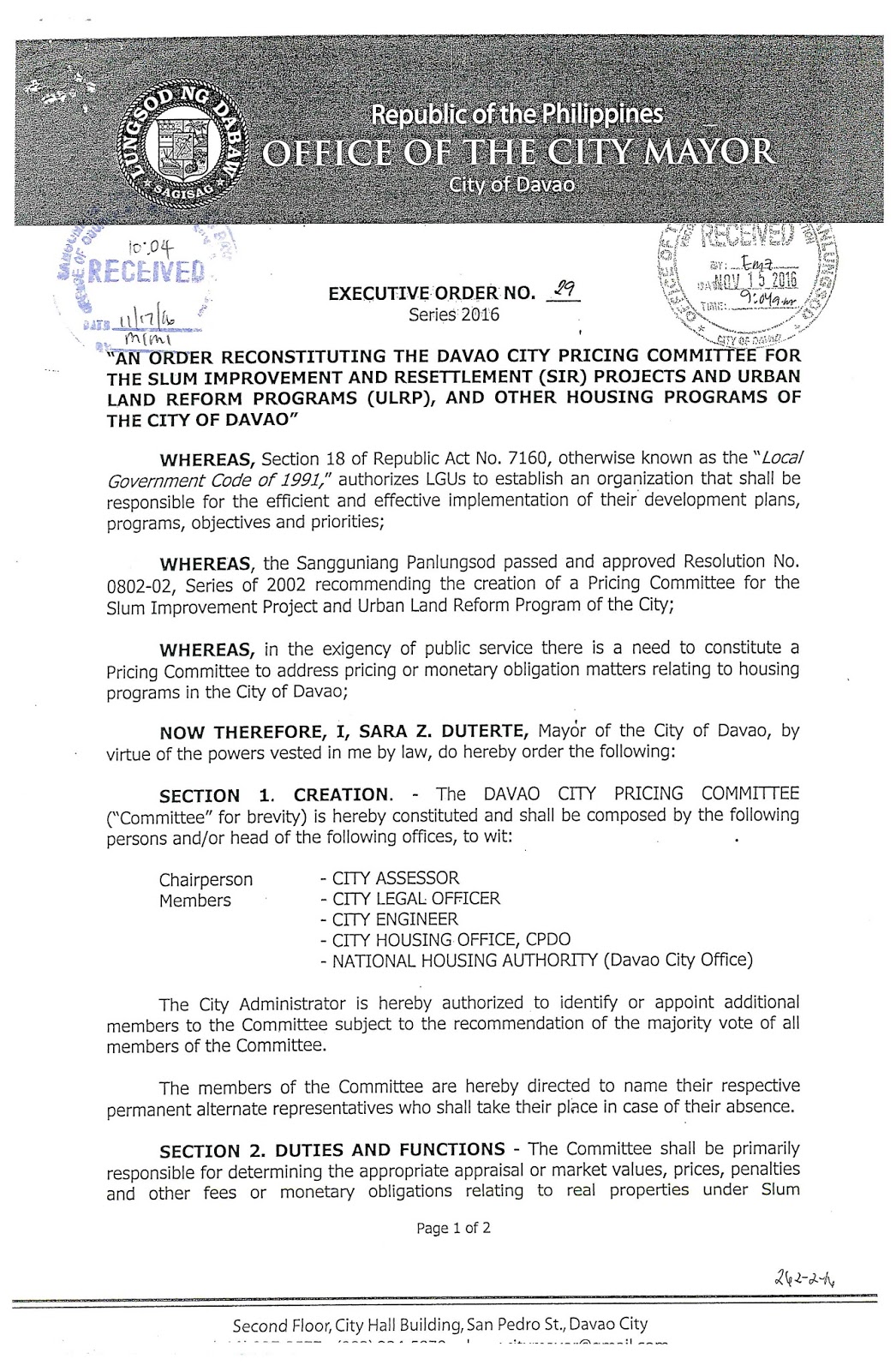 Mabel Sunga Acosta: EXECUTIVE ORDER NO. 29 Series 2016