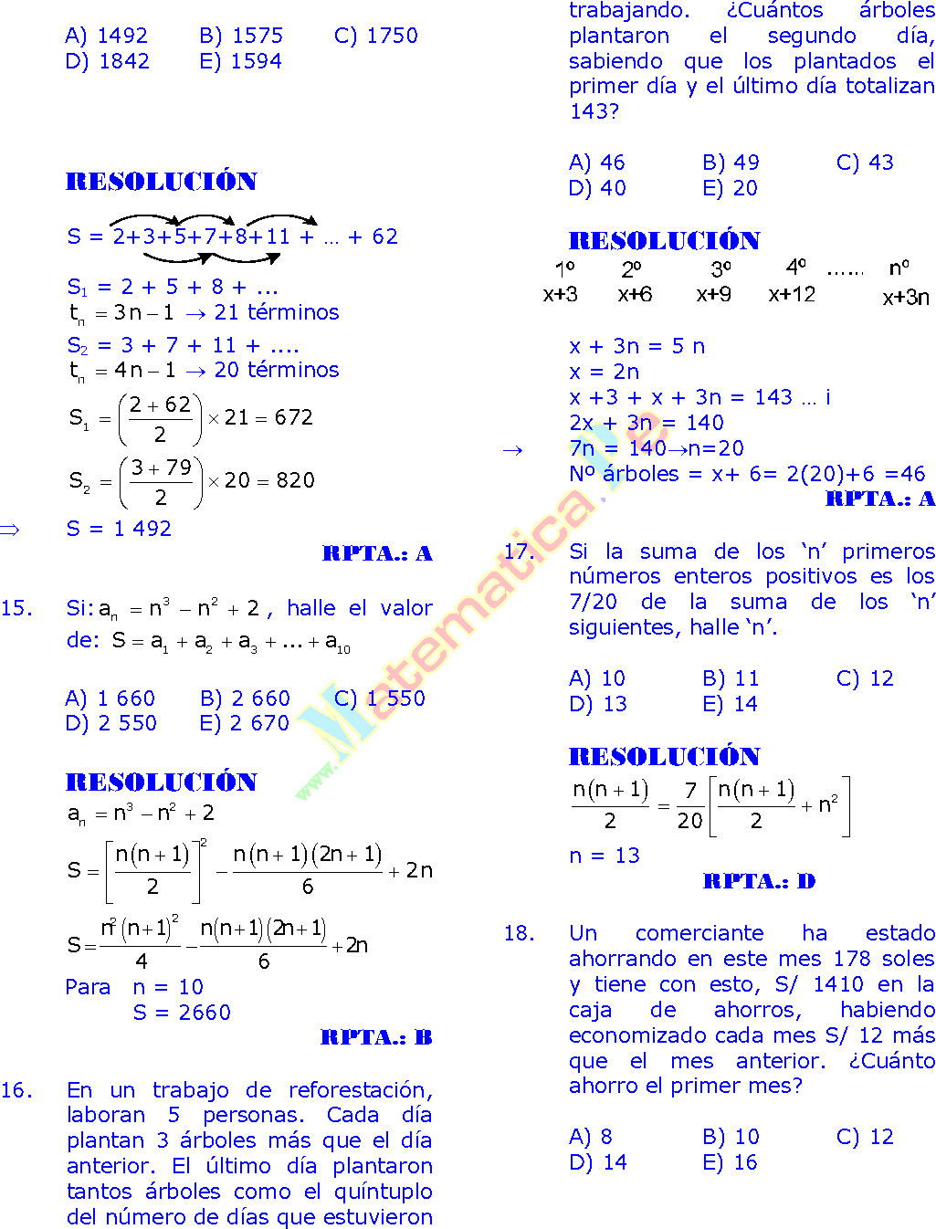SUMATORIAS EJERCICIOS RESUELTOS DE RAZONAMIENTO MATEMÁTICO ...
