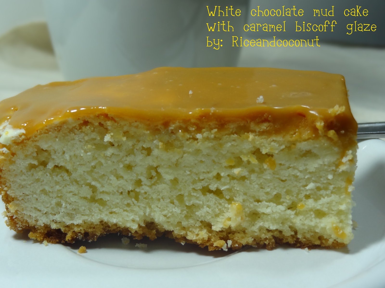 White chocolatte mud cake with caramel biscoff glaze