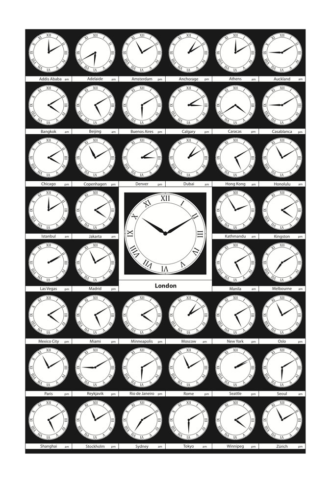It's About Art and Design: World Clocks Black and White Poster