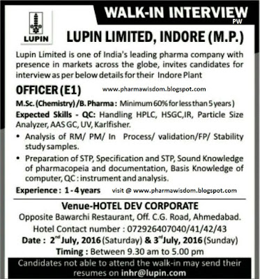 LUPIN LIMITED Walk-In Interview on 2nd & 3rd July, 2016 @ INDORE ...