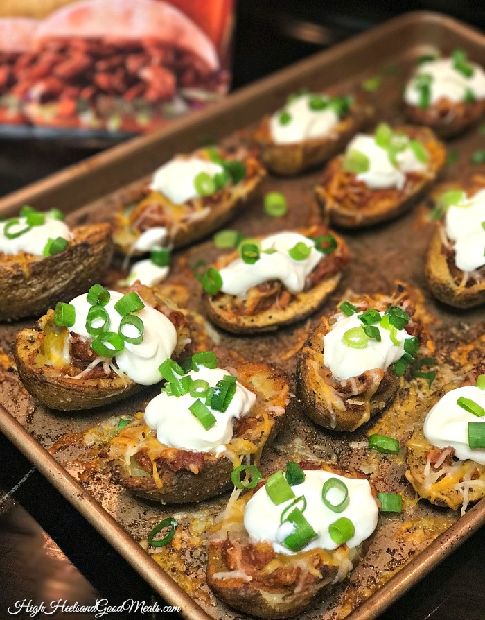 Pulled Pork Tailgate Potato Skins - High Heels & Good Meals