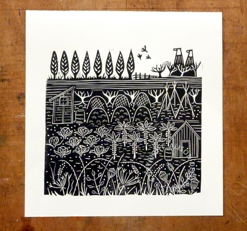 handprinted by a.deegan: Down the allotment - sketch to print