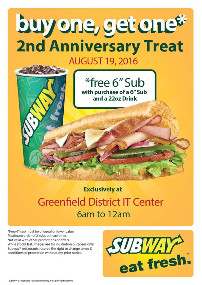 Manila Shopper: Subway Greenfield Buy1 Get1 Anniversary Promo: Aug 19 2016