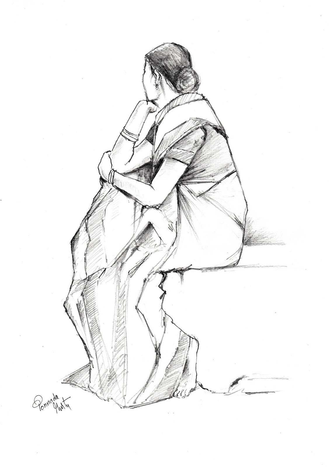 Sketches and Drawings : The wait -Indian woman - Pencil sketch