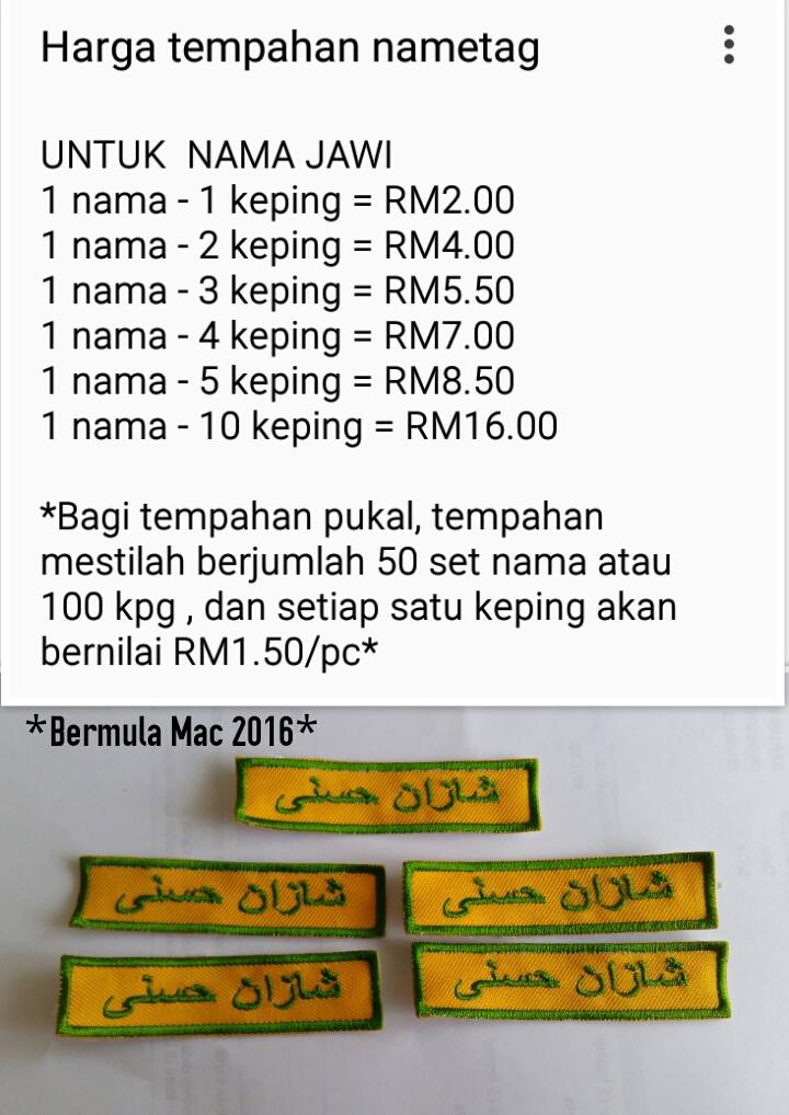 Keraih Lengan Kuazue: Panduan Tempahan Sulam Nametag