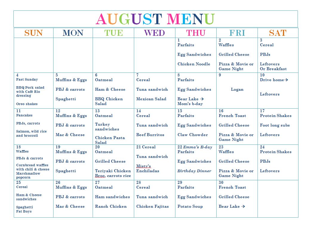 Karen And Kissable Kids: August Menu