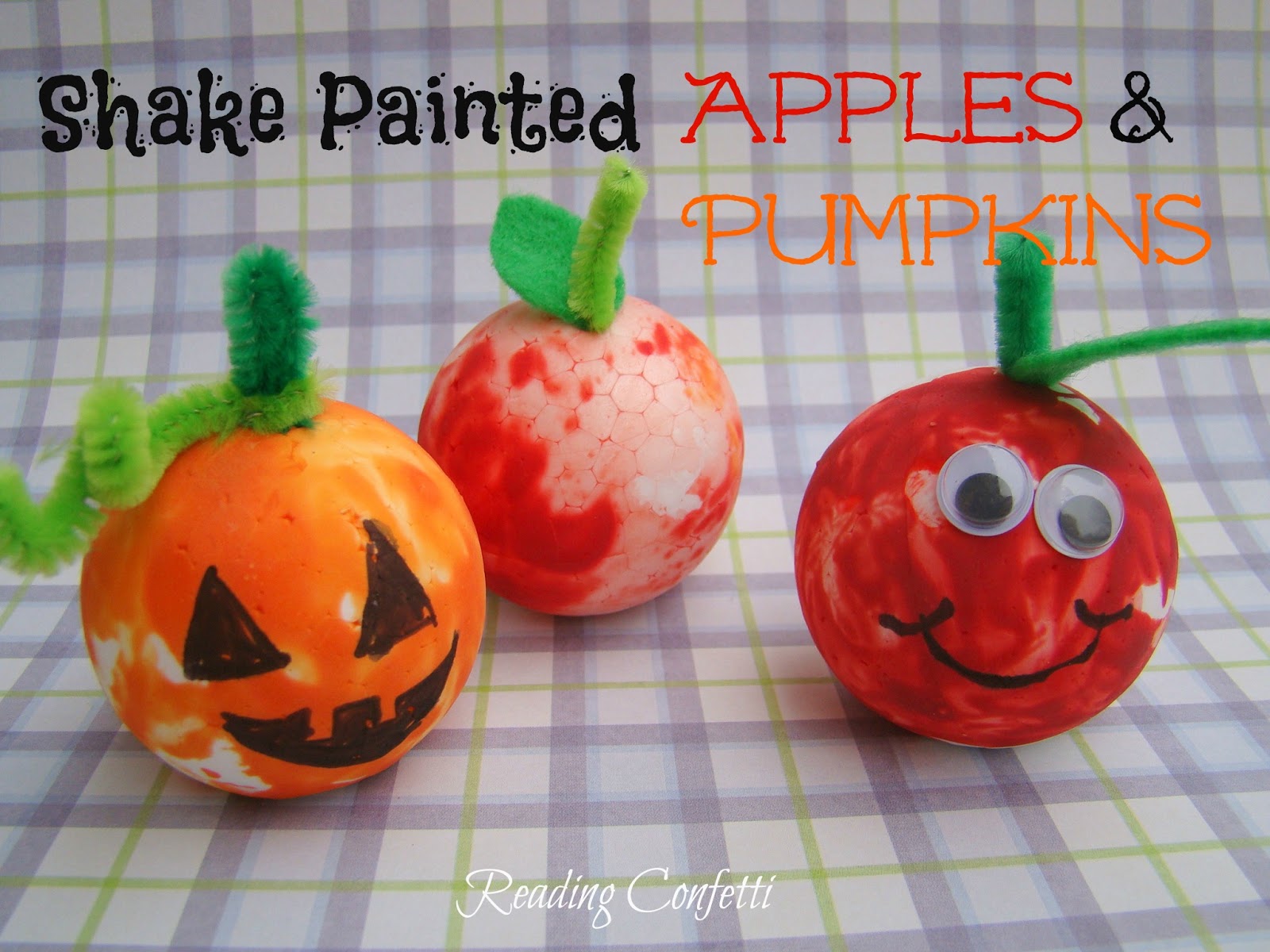 Shake Painted Apples and Pumpkins ~ Reading Confetti