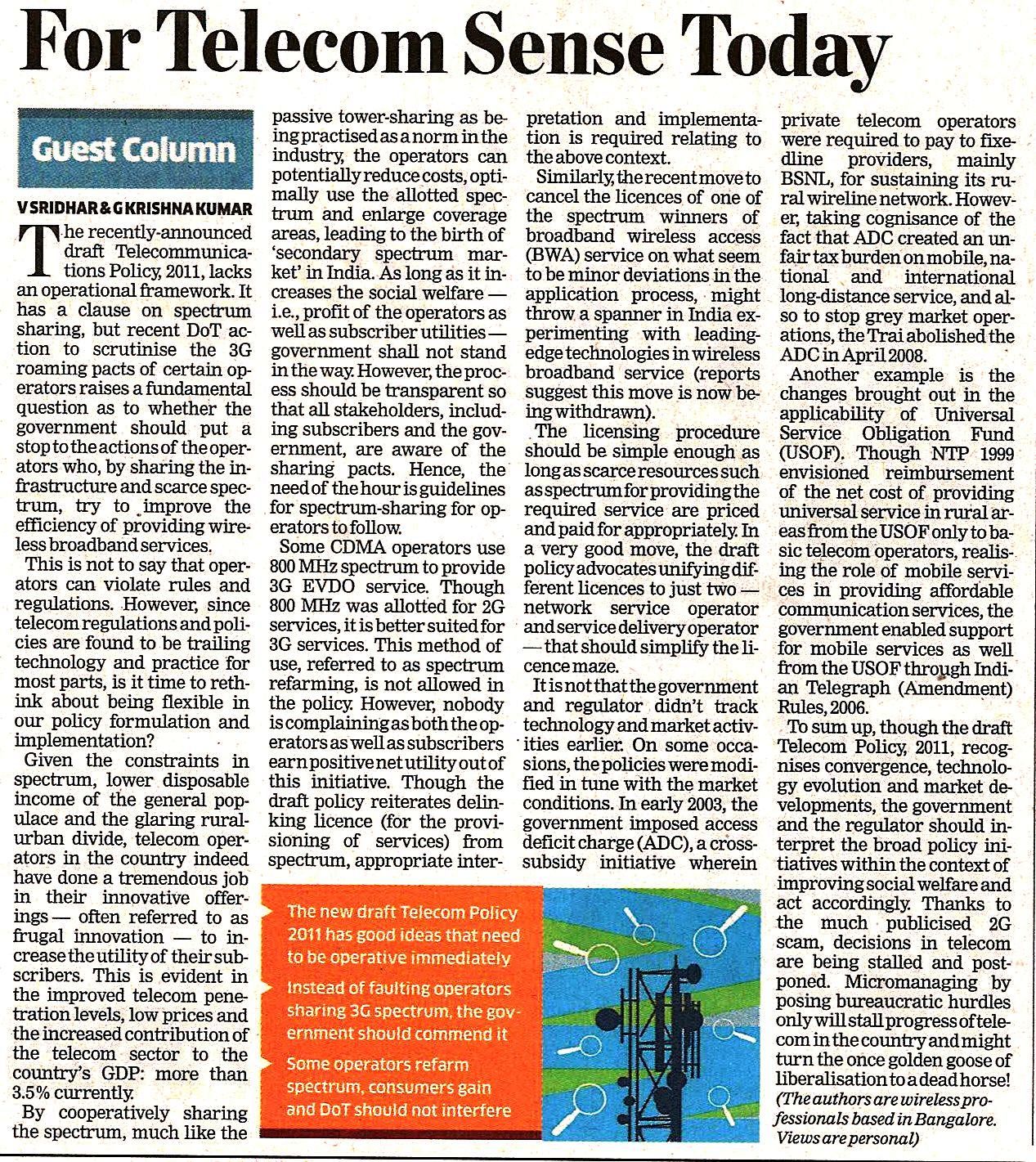 G Krishna Kumar's Columns : For Telecom Sense Today