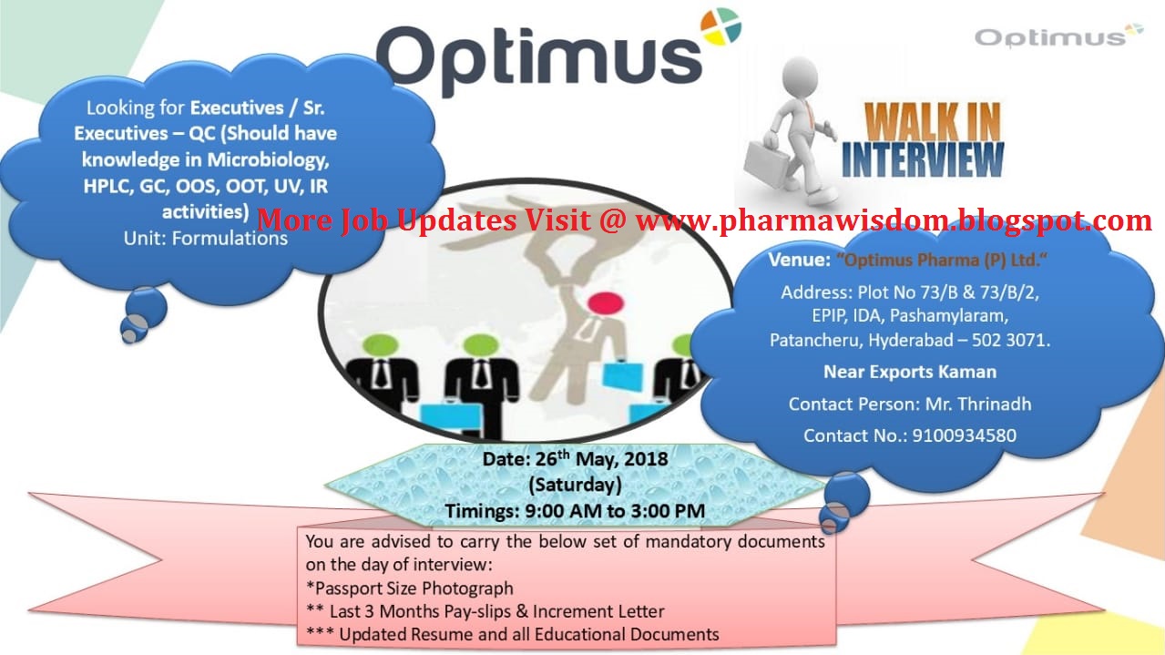 Optimus Pharma (P) Ltd - Walk-In Interviews on 26th May, 2018 ...