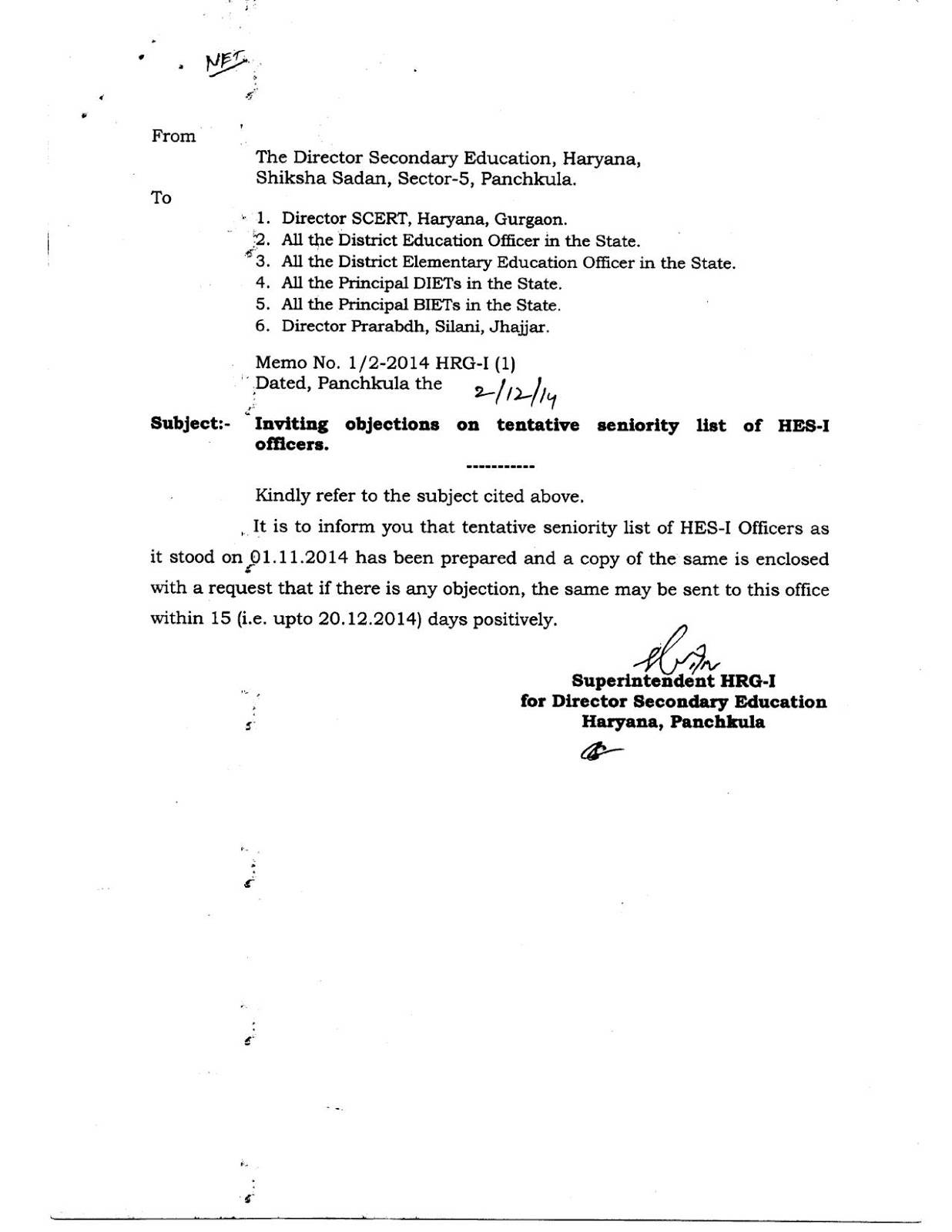 Inviting objections on tentative seniority list of HES-I officers ...