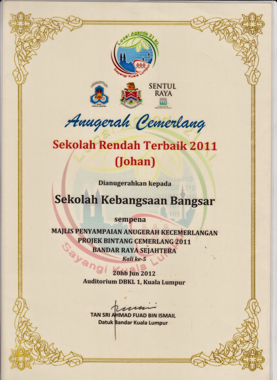 PUSAT SUMBER SEKOLAH: SIJIL ANUGERAH SK BANGSAR