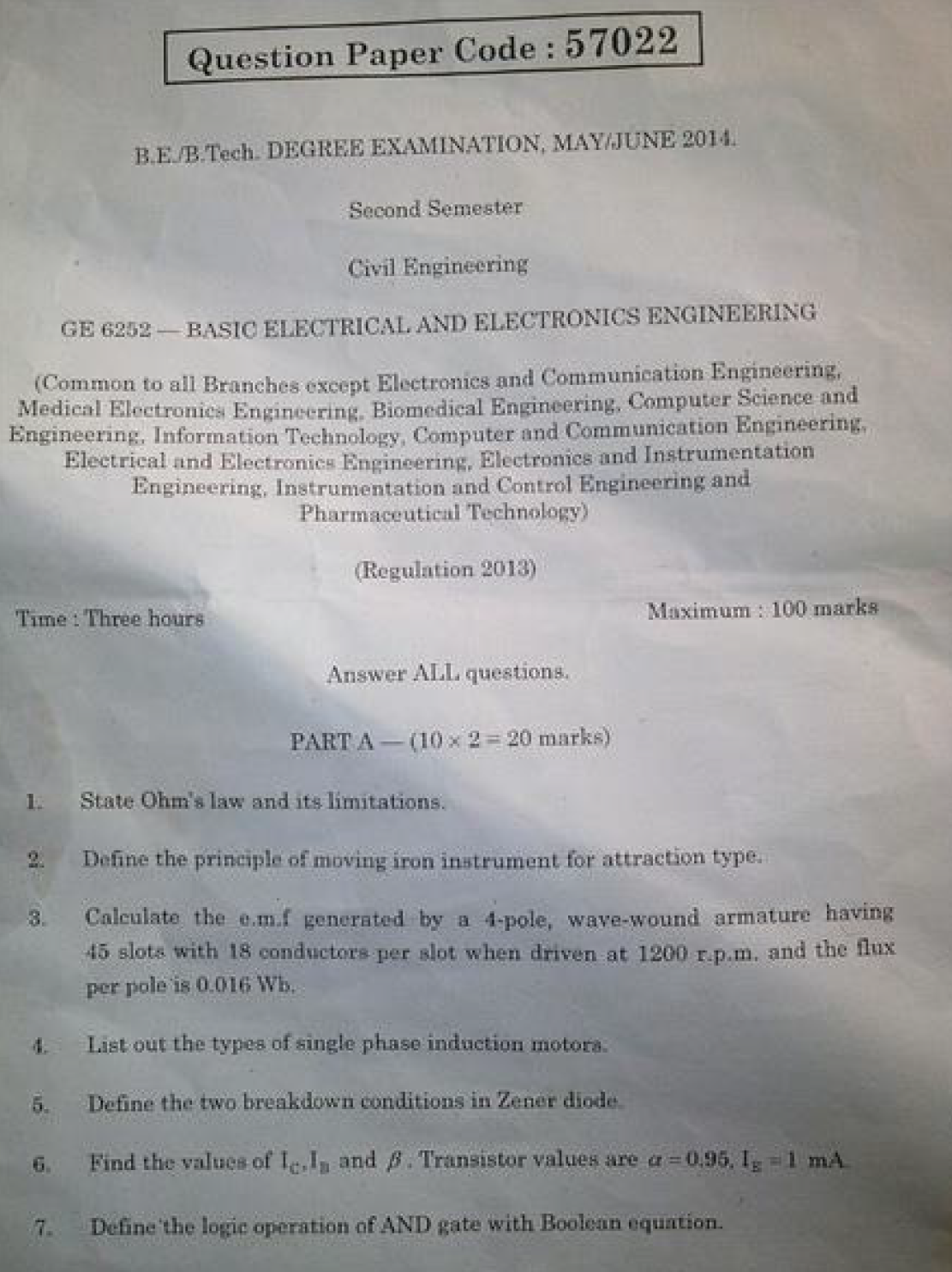 GE6252 Basic Electrical and Electronics Engineering 2014 Question Paper ...