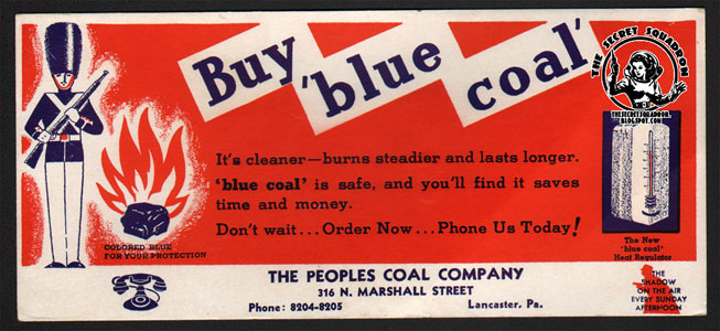 The Secret Squadron: The Shadow "Blue Coal" Blotter, Style L (1940's)