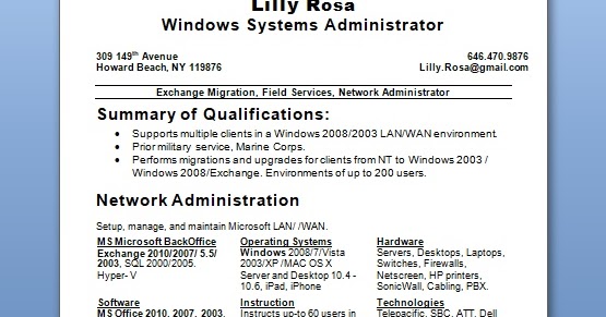 Windows Systems Administrator Sample Resume Format in Word Free Download