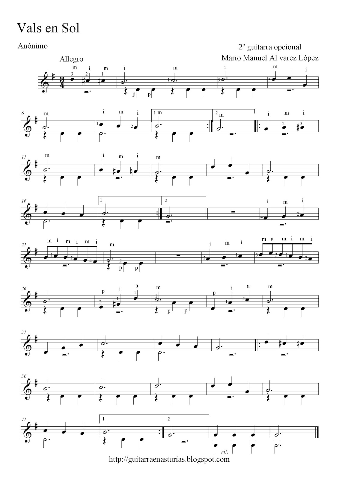 Partituras de guitarra: Anónimo. Vals en Sol para dos guitarras