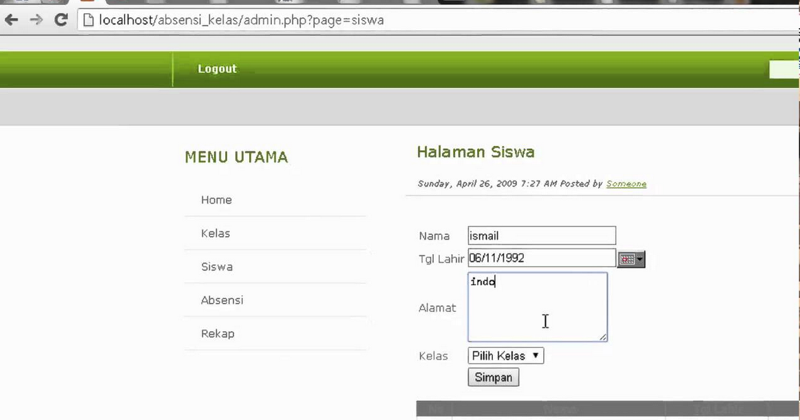 Contoh codingan membuat absensi web html - pnacountry