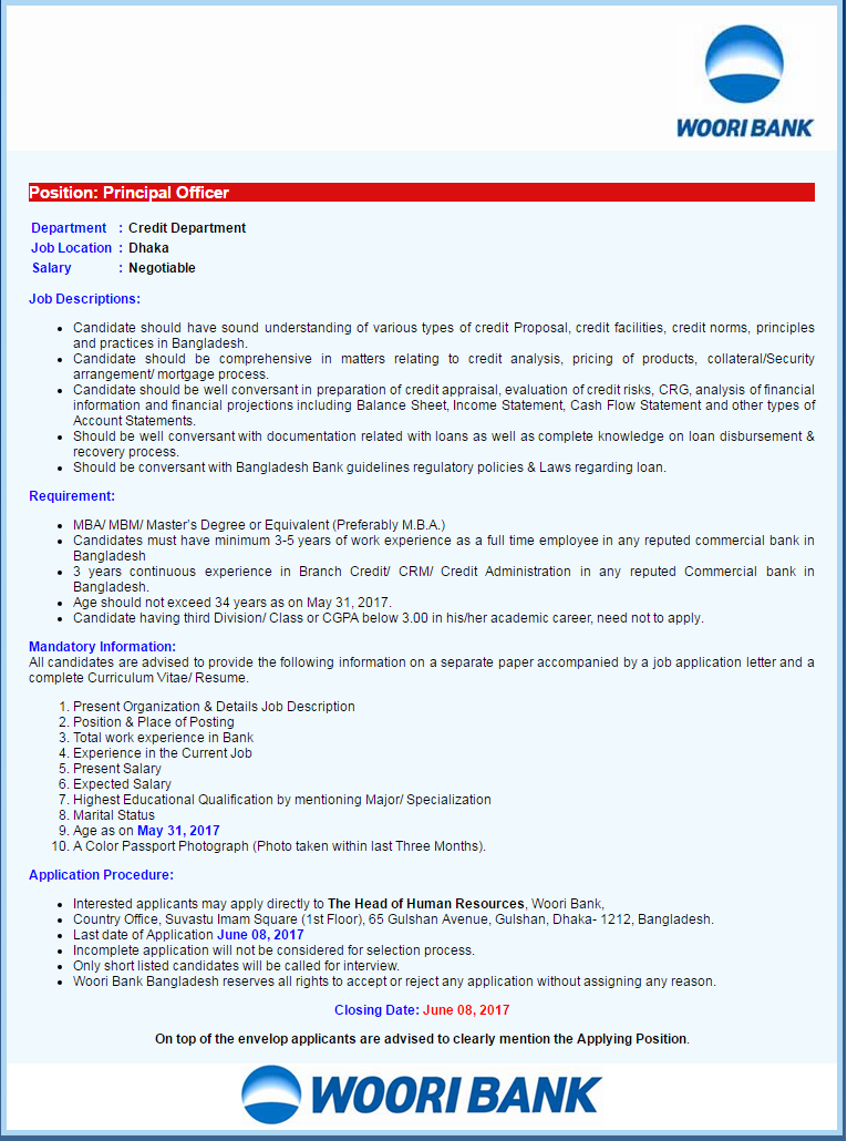 Woori Bank principal officer job circular 2017 - Bank & Govt Jobs Circular