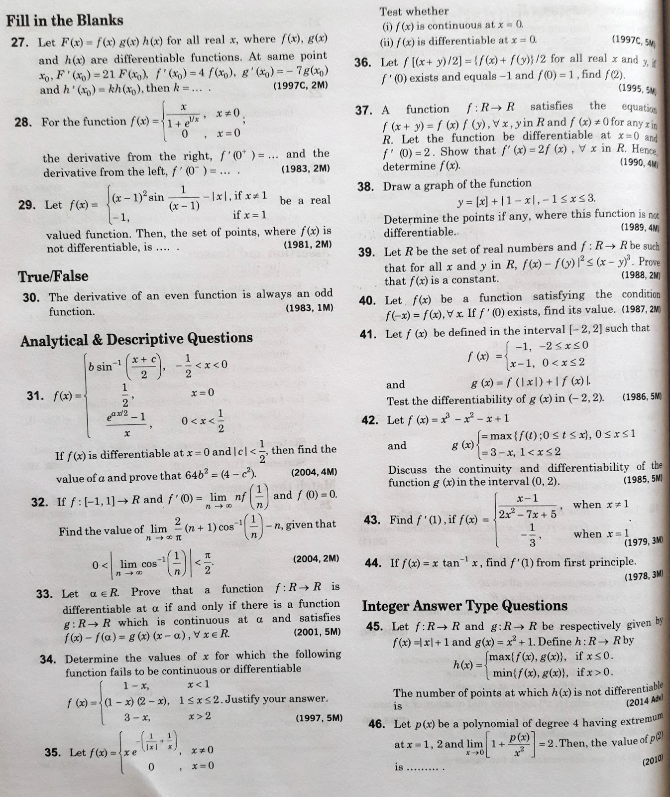 Limits , Continuity and Differentiability JEE Advanced 38 Year Previous ...