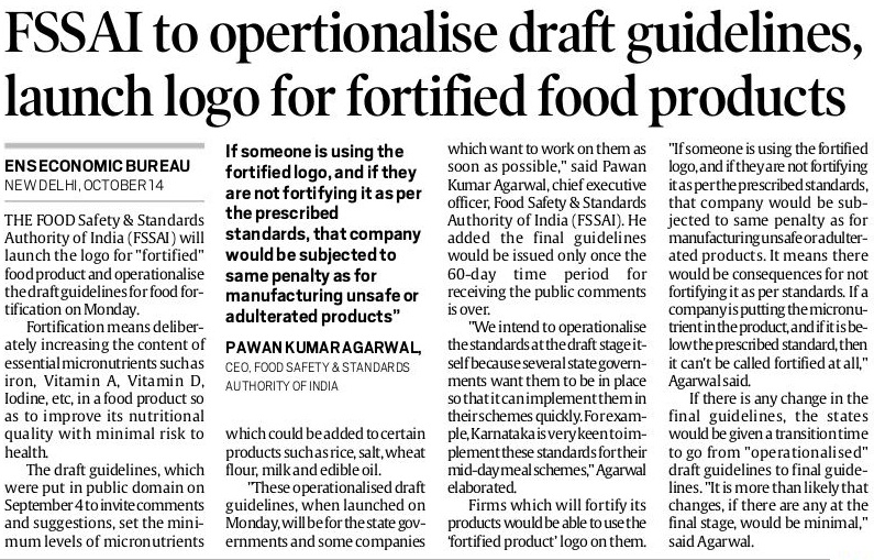 FOOD SAFETY LATEST: FSSAI to opertionalise draft guidelines, launch ...
