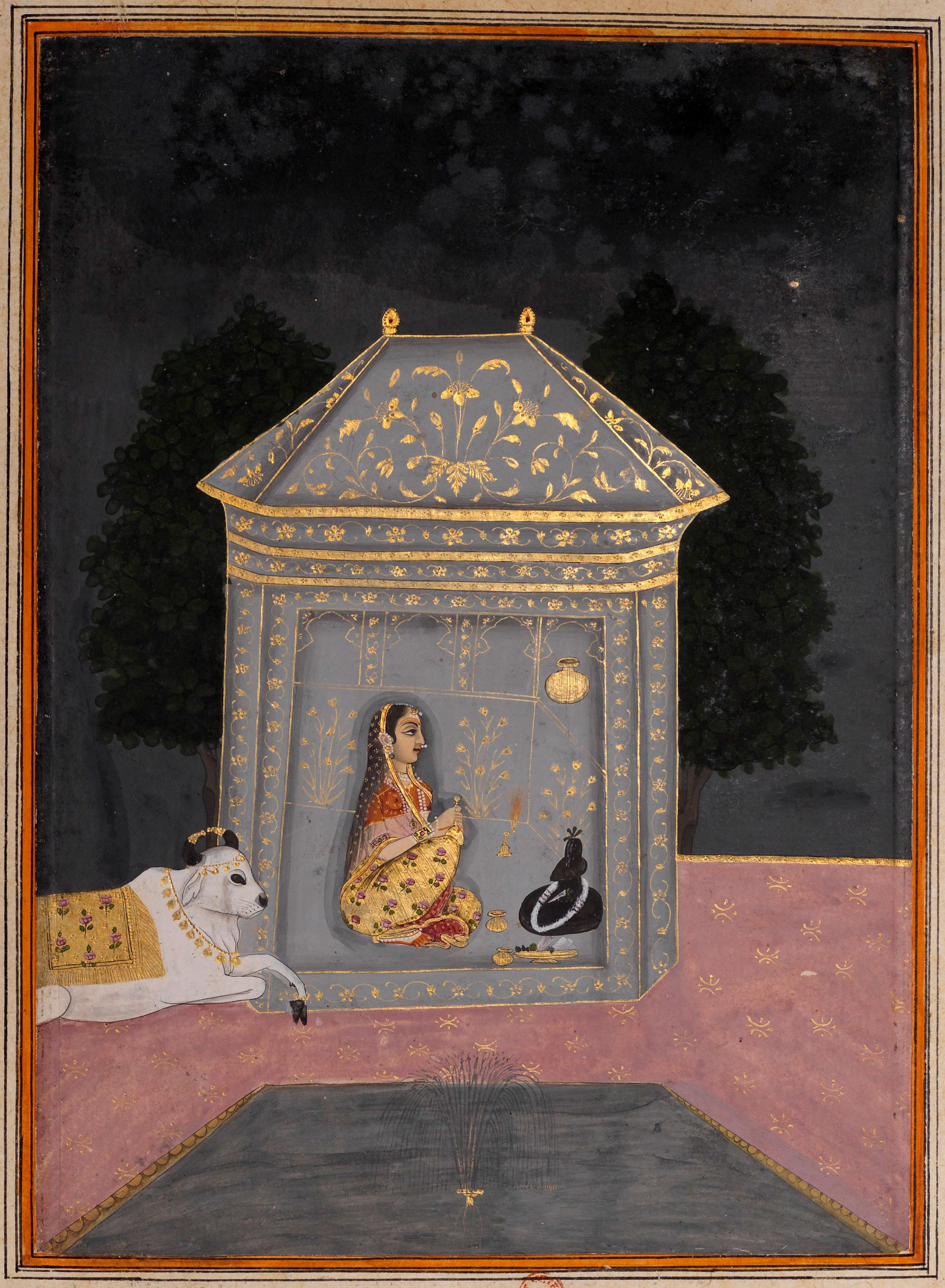 Lady Worshipping Shiva Linga - Rajput Ragamala Painting from a ...