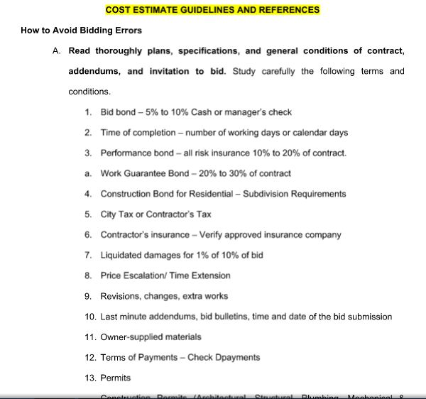 cost estimate guidline and references - Civil engineering program
