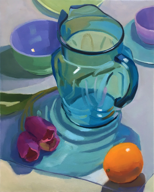 Robin Rosenthal Art: Blue Pitcher, Tulips and Orange