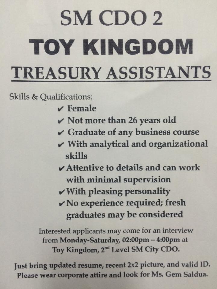URGENT HIRING for SM CDO 2 TOY KINGDOM - Cagayan de Oro Today