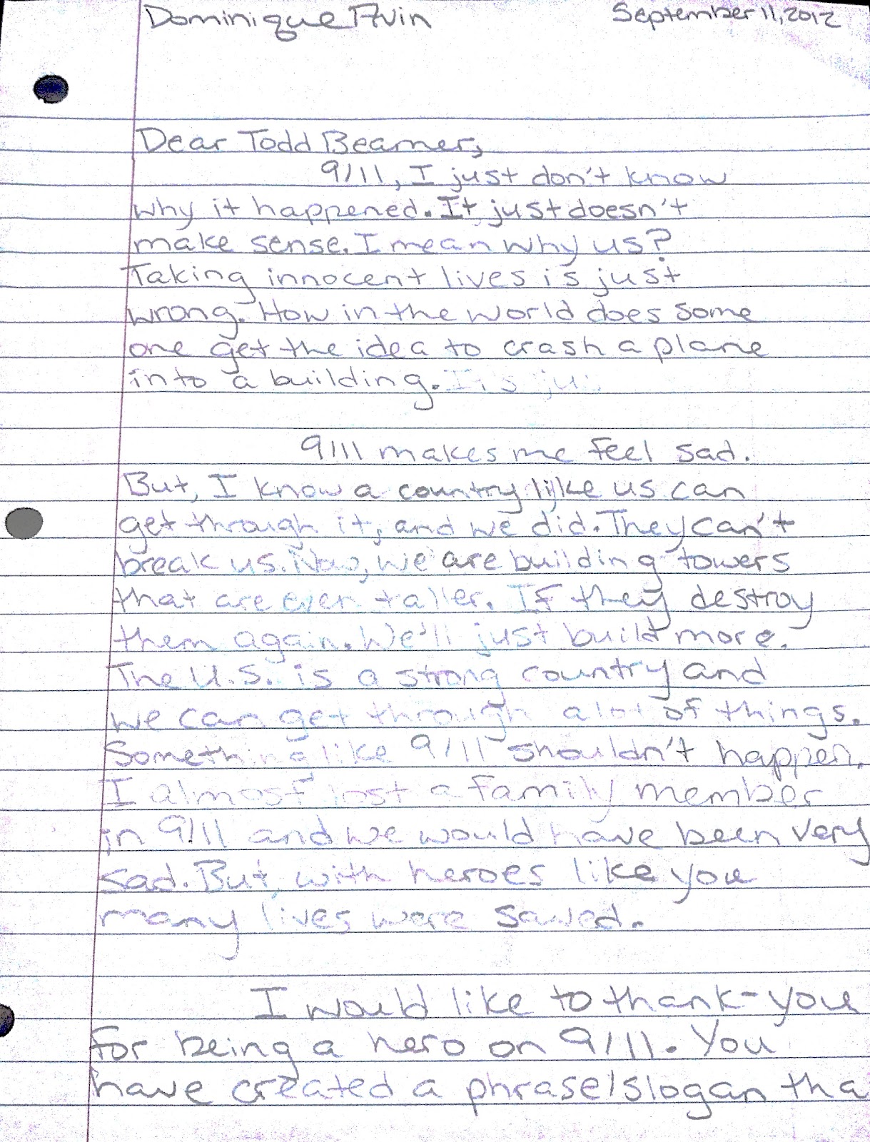 CJHS PonderLand Students Remember 9/11: 9/11 Hero Letter by Dominique A.