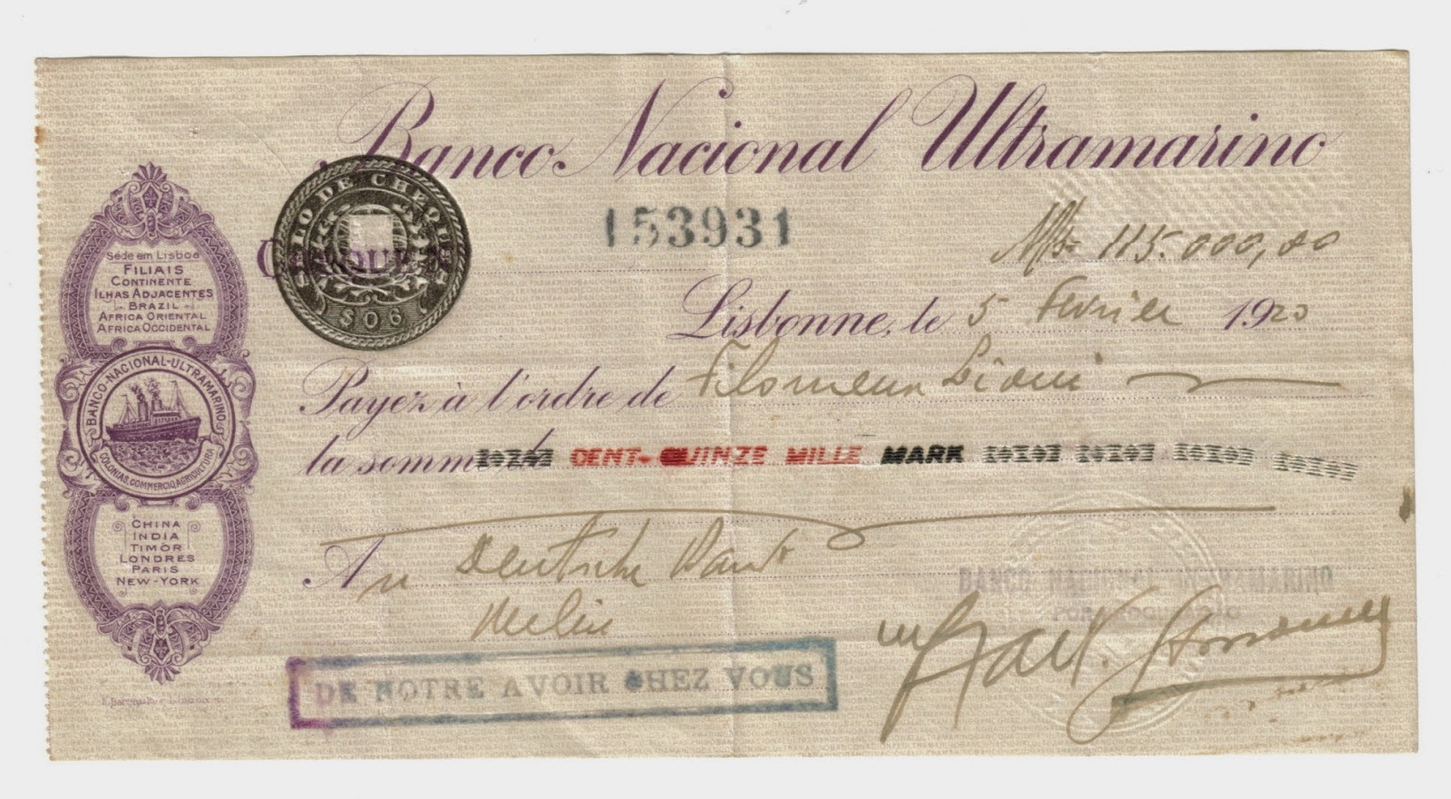 Velharias, Antiguidades e Coleccionáveis: Cheque Antigo do Banco ...