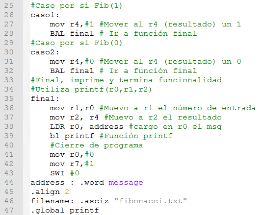 Sucesión de Fibonacci: código ensamblador
