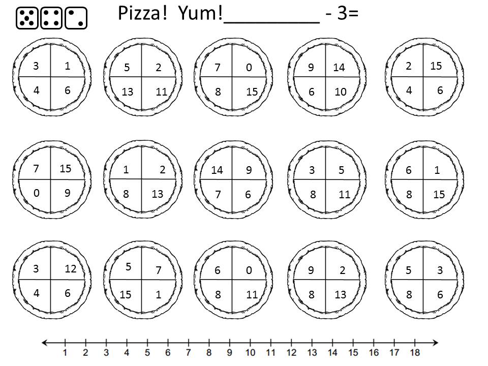 Kathy's First Grade Adventure: Pizza Yum! Subtracting Three From Sums to 18
