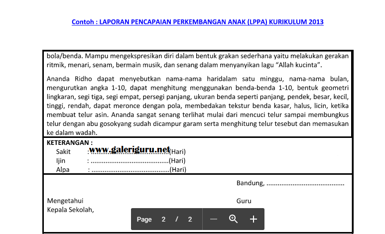 Contoh Rapot Raudhatul Athfal (PAUD/TK) Kurikulum 2013 - Edukasi Guru
