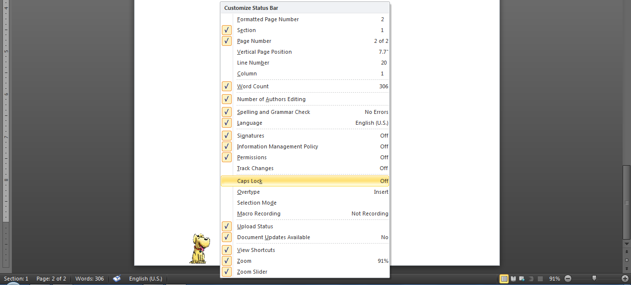 Konfigurasi Status Bar di Ms-Word