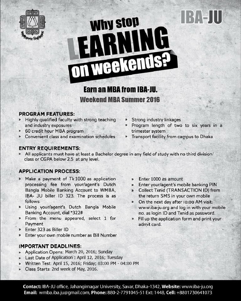 UNIVERSAL EDUCATIONAL HUB: Admission: IBA-JU WMBA Summer 2016