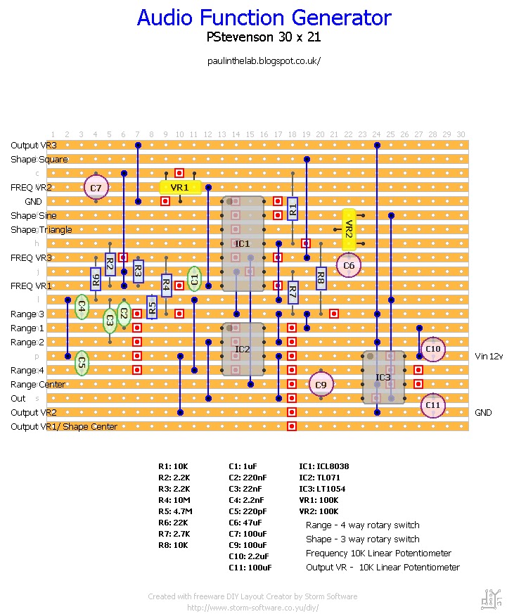 Paul In The Lab: Audio Function Generator Stripboard Veroboard Layout