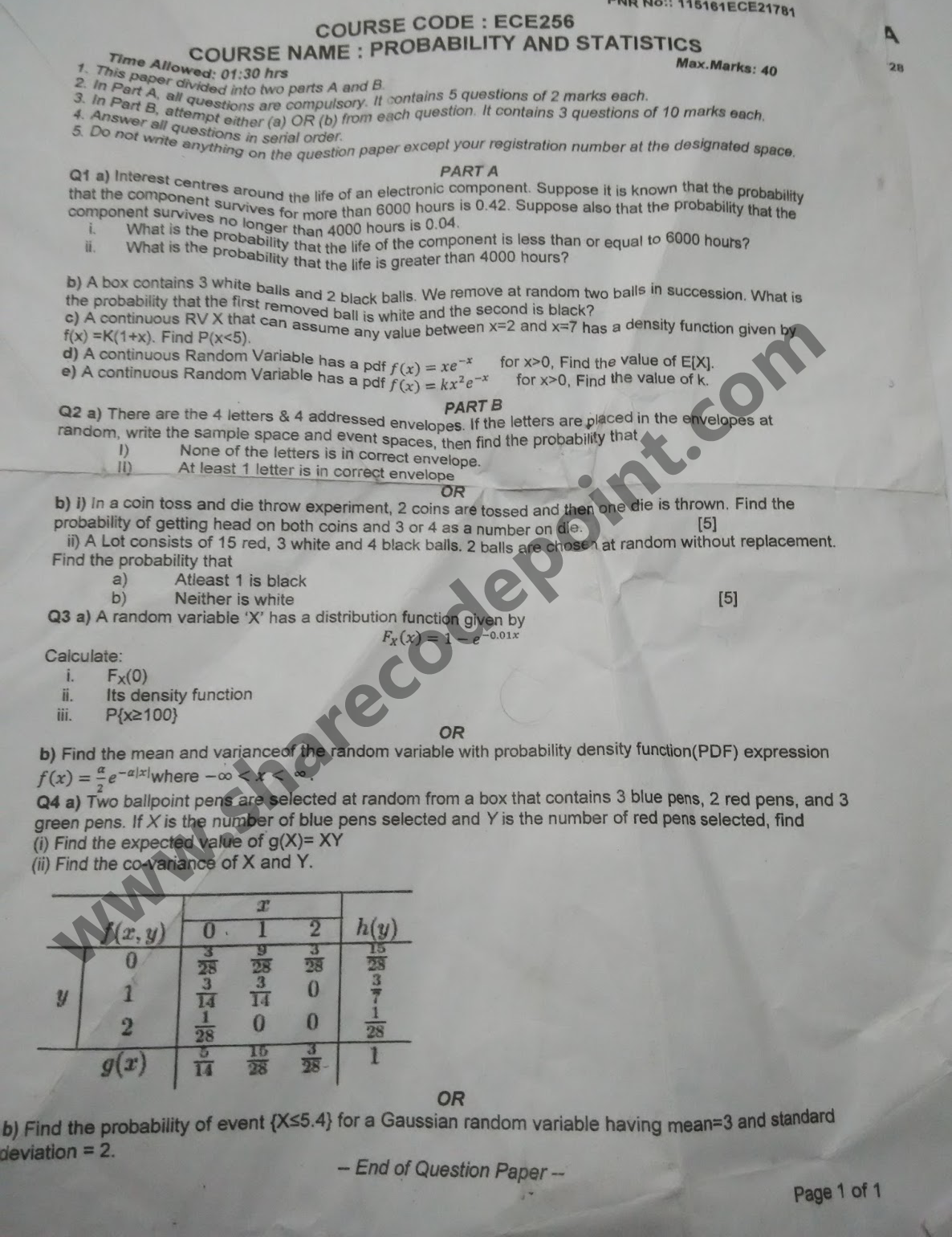 ECE256 : Probability And Statistics Mid Term Exam Question Paper