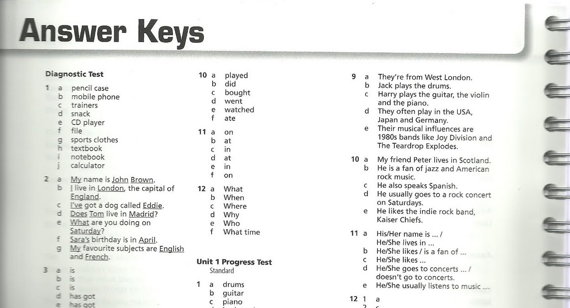 English 2nd ESO Test Unit 2 Answer Keys
