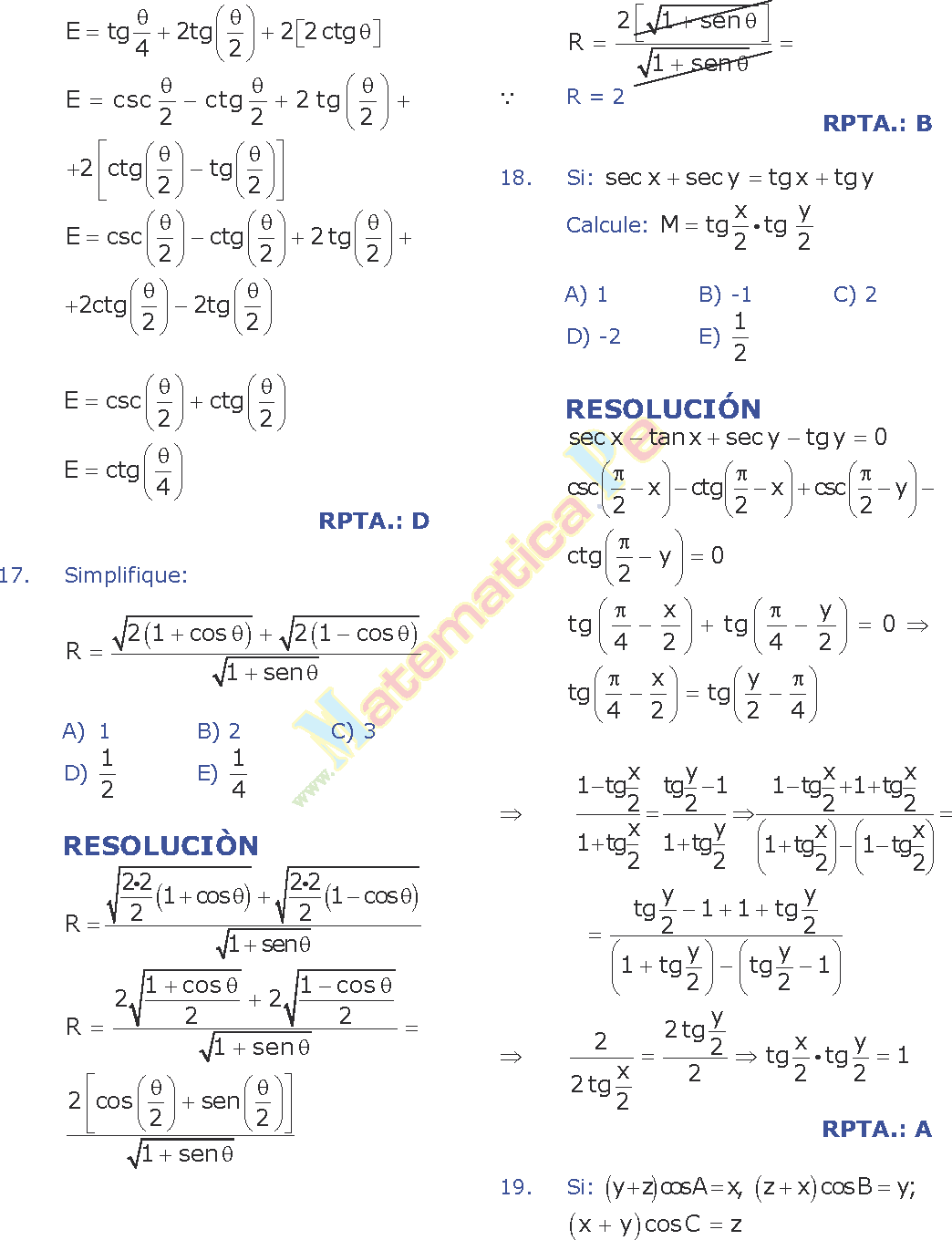FUNCIONES TRIGONOMÉTRICAS DEL ARCO DOBLE Y MITAD PROBLEMAS RESUELTOS
