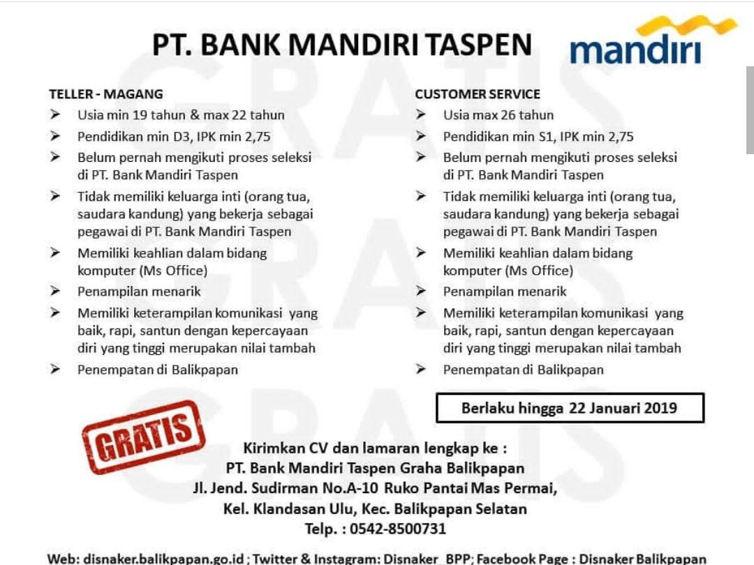 PT Bank Mandiri Taspen - D3, S1 Teller, Customer Service Mandiri Group ...