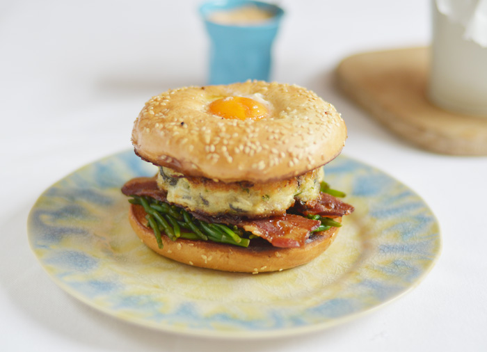 Lemon & Vanilla: Cod burgers served on a bagel, with bacon, samphire ...