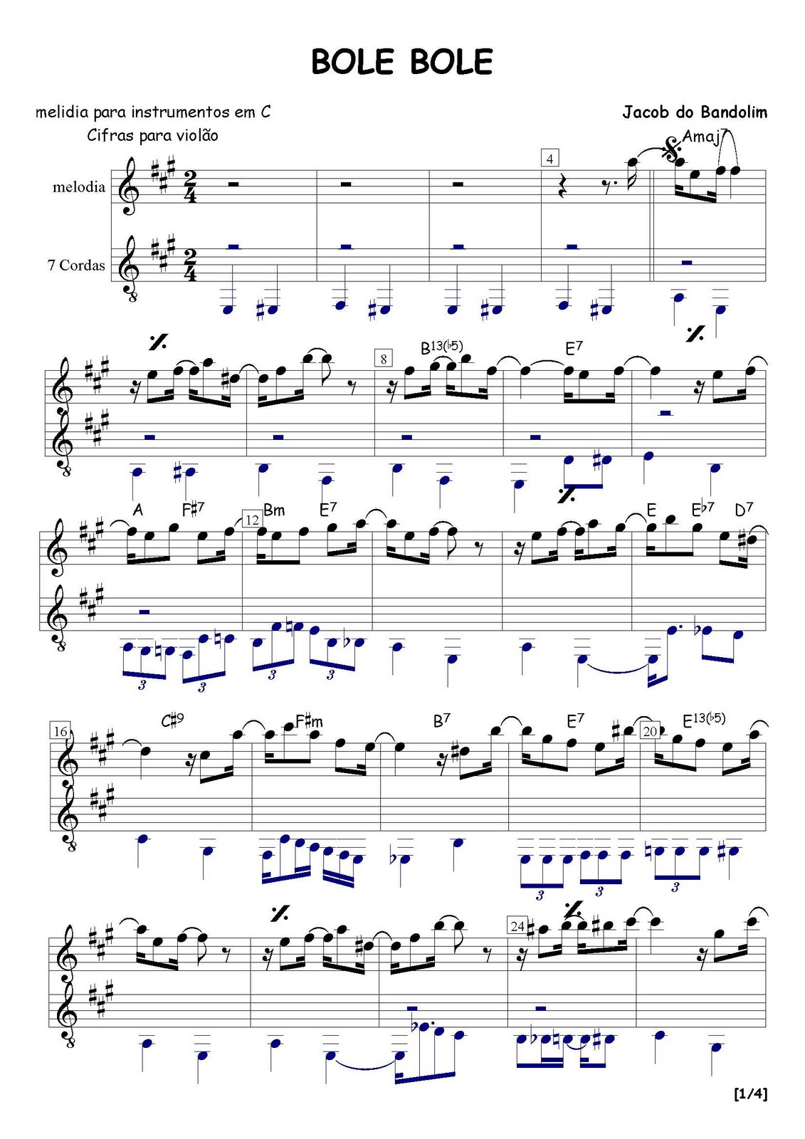 Partituras para Violão 7 Cordas: Bole Bole (Jacob do Bandolim)