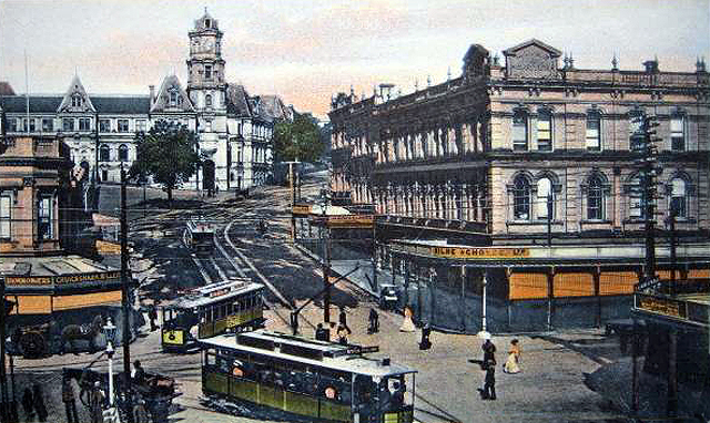 transpress nz: Auckland electric trams in Wellesley Street, late 1900s