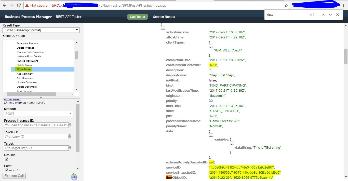Move token using Rest API in IBM BPM
