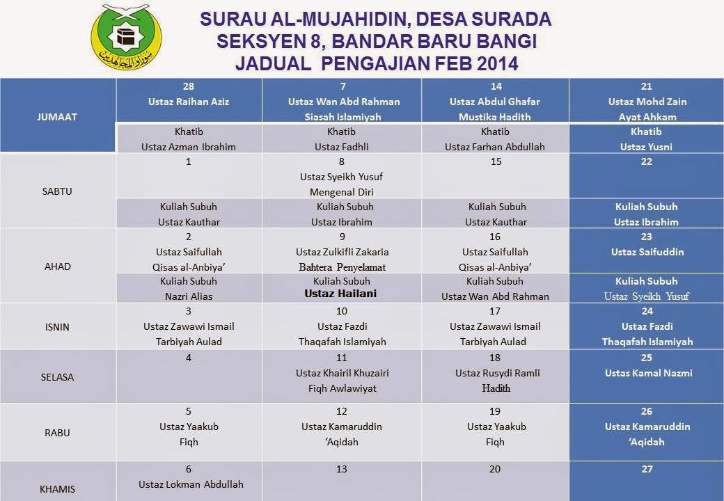 Jadual Kuliah Febuari 2014 ~ SURAU AL-MUJAHIDIN DESA SURADA