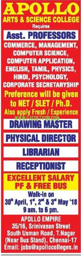 Apollo Arts & Science College, Chennai, Wanted Assistant Professor ...
