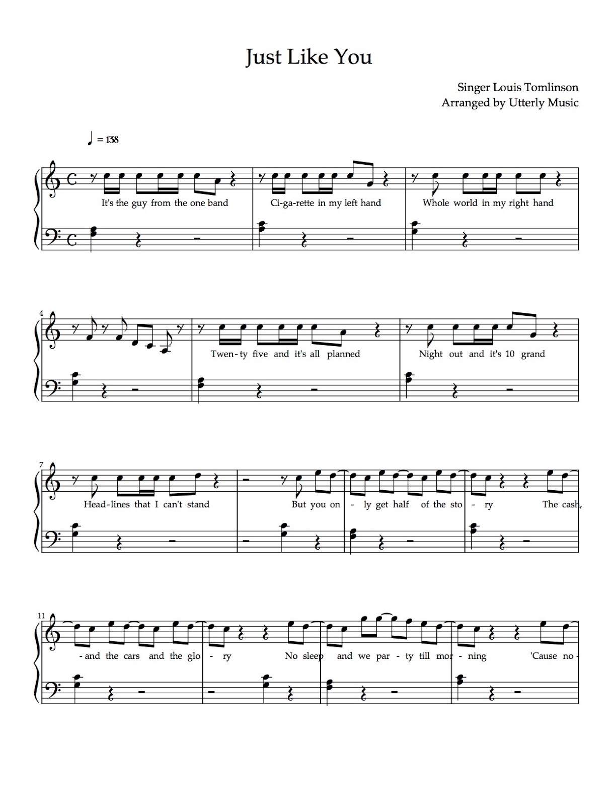 Utterly Music: [Piano Scores] Just Like You by Louis Tomlinson