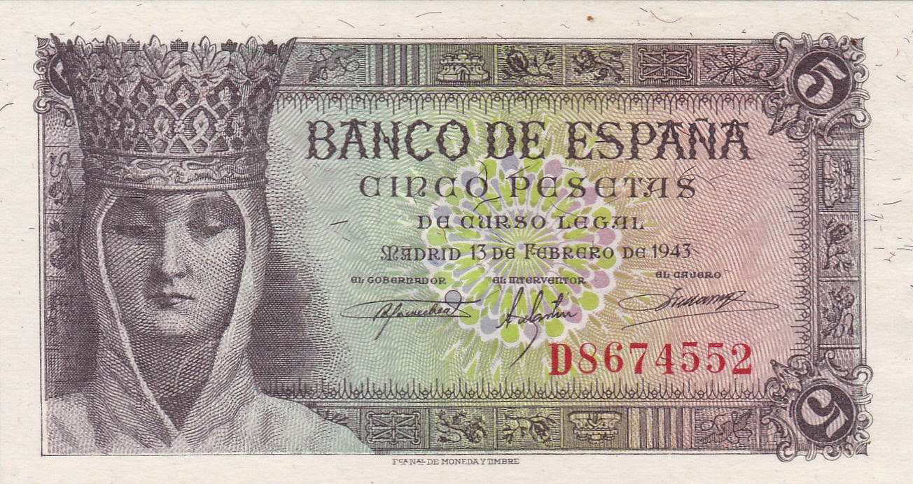 Spain 5 Pesetas banknote 1943 Queen Isabella I of Spain|World Banknotes ...